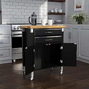 Home Styles Black Dolly Madison Prep and Serve Kitchen Cart with Natural Top, Locking Casters, Two Drawers, Two Storage Cabinets