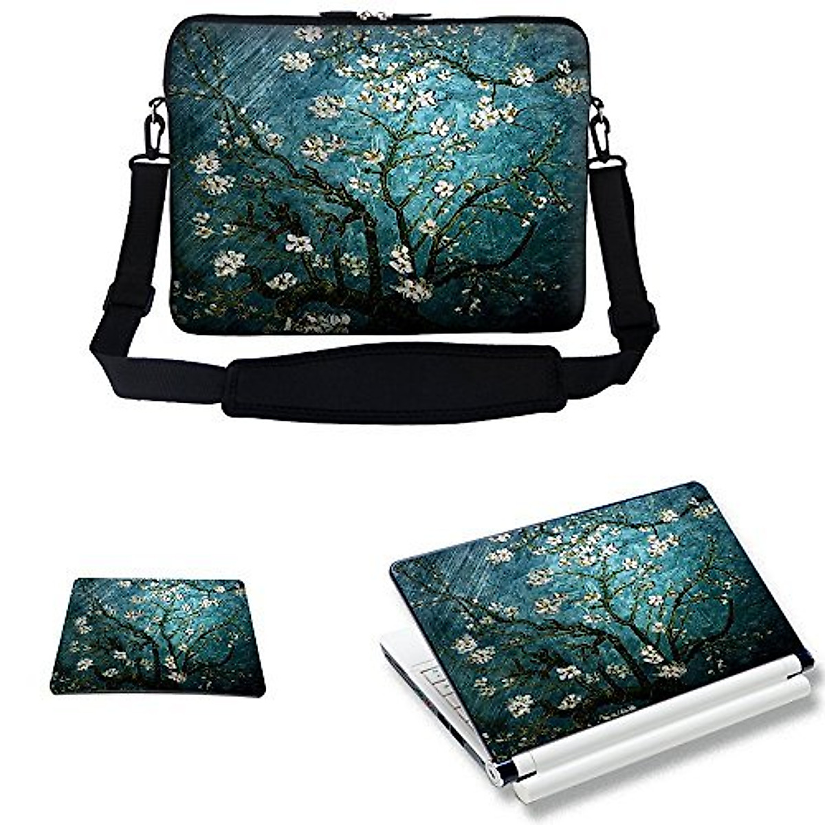 Meffort Inc 17 17.3 inch Laptop Carrying Sleeve Bag Case with Hidden Handle & Adjustable Shoulder Strap with Matching Skin Sticker and Mouse Pad Combo - Vincent Van Gogh Almond Blossoming
