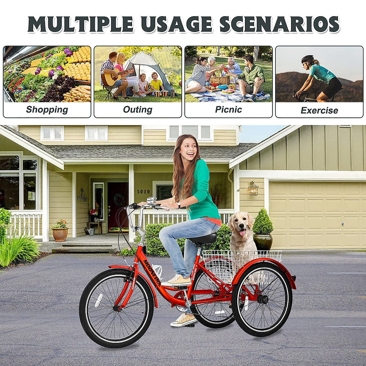 MOPHOTO Adult Tricycles Three Wheel Cruiser Bike 7 Speed, Adult Trikes 24/26 inch Wheels Low Step-Through, Three-Wheeled Bicycles for Women, Men, Seniors