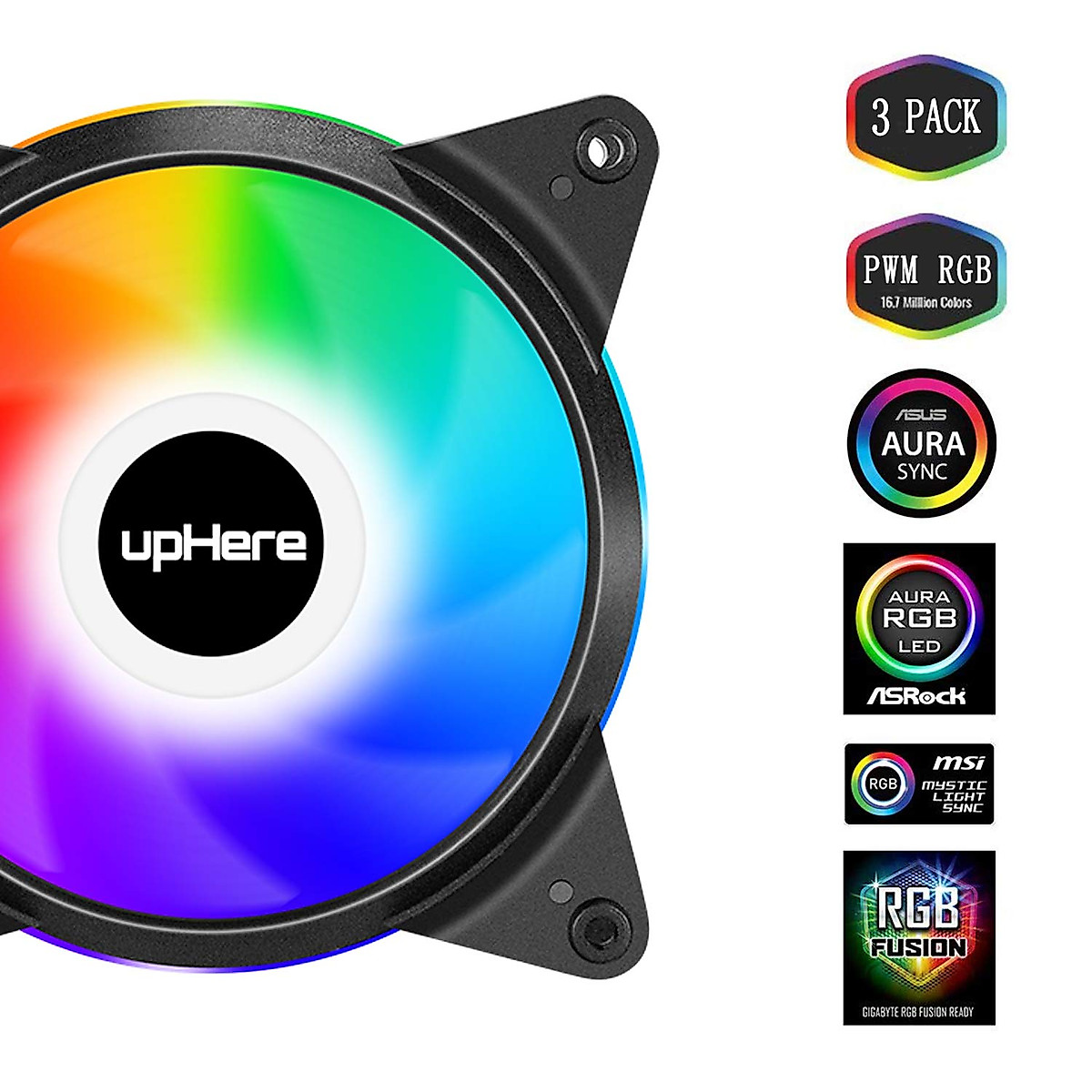 upHere 5V 3-Pack 120mm Silent PWM Intelligent Control 5V Addressable RGB Fan Motherboard Sync, Adjustable Colorful Fans with Controller T7SYC7-3