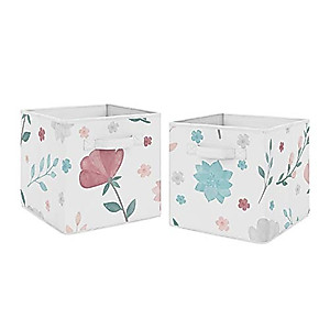Sweet Jojo Designs Floral Rose Flowers Foldable Fabric Storage Cube Bins Boxes Organizer Toys Kid Baby Childrens - Set of 2 - Blush Pink Teal Turquoise Aqua Blue Grey Pop Flower Boho Shabby Chic Roses