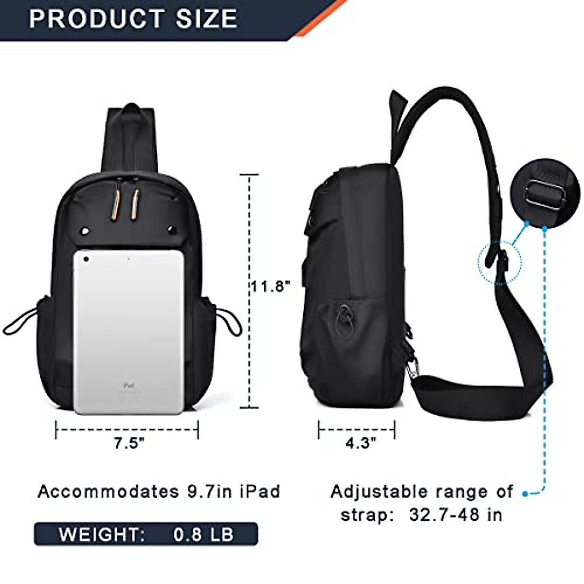 AIWIWH Crossbody Backpack With USB Charging Interface, Sling Bags Chest Bag Outdoor Hiking Travel Daypack For Men Women (Black)