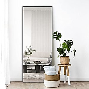 NeuType Full Length Mirror - 64"x21", Aluminum Alloy Thin Frame, Black, Wall-Mounted or Leaning, Bedroom/Floor Full Body Mirror with Stand