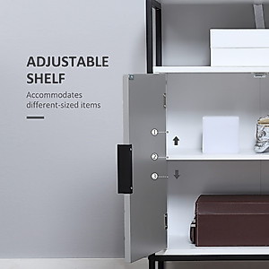 HOMCOM Storage Cabinet with Open Shelf and Double Door Cupboard, Accent Cabinet with Herringbone Panel and Steel Frame, Gray
