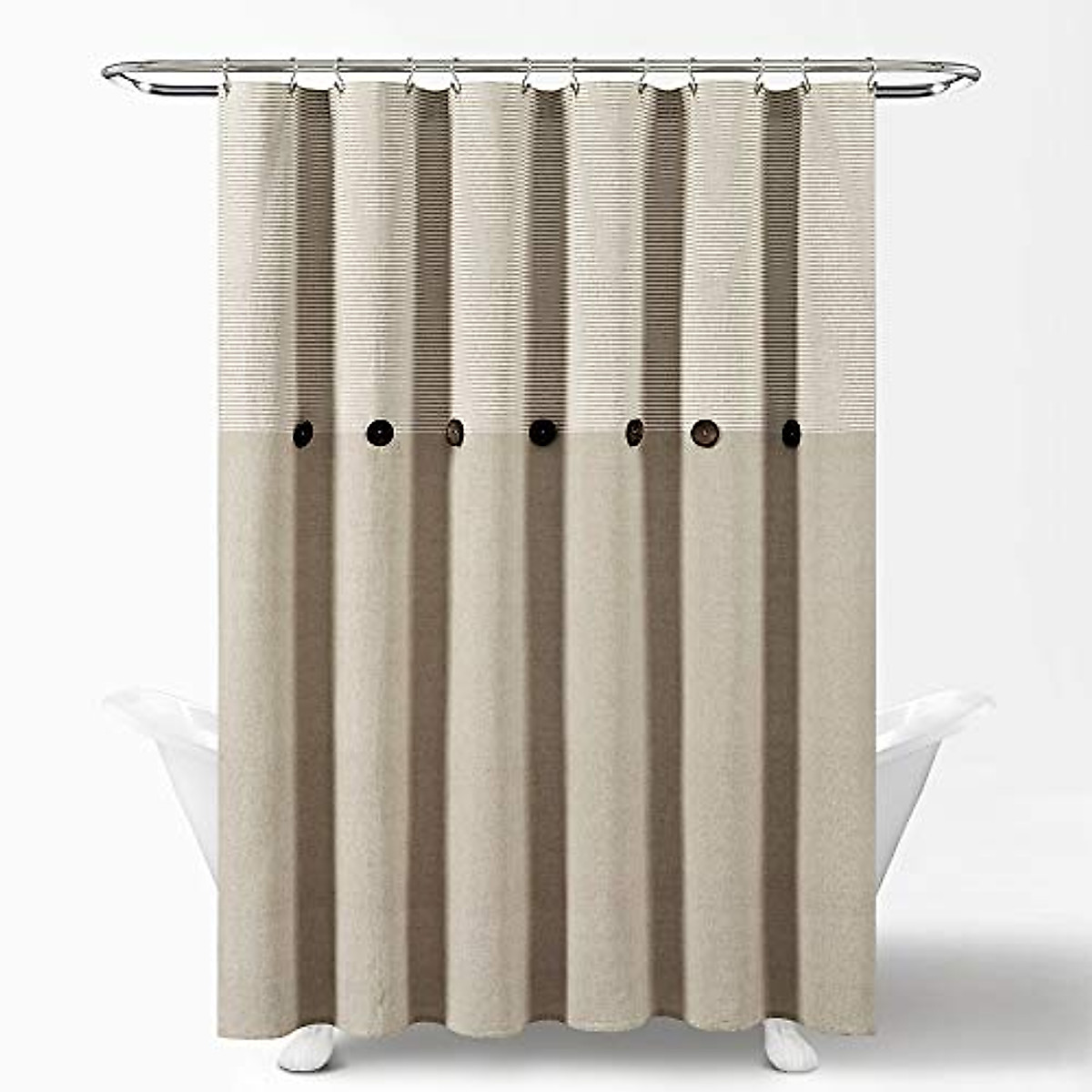 Lush Decor Beige Linen Woven Cotton Shower Curtain, Farmhouse Button Stripe, Yarn Dyed (72" x 72")