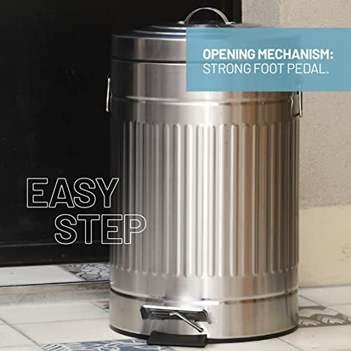AWENN Step Trash Can with Lid and Pedal 20 Liter / 5.3 Gallon, Vintage Garbage Bin for Kitchen, Office, Home, Pet Waste Container - Retro Metal Wastebasket W/Step Pedal, Silver