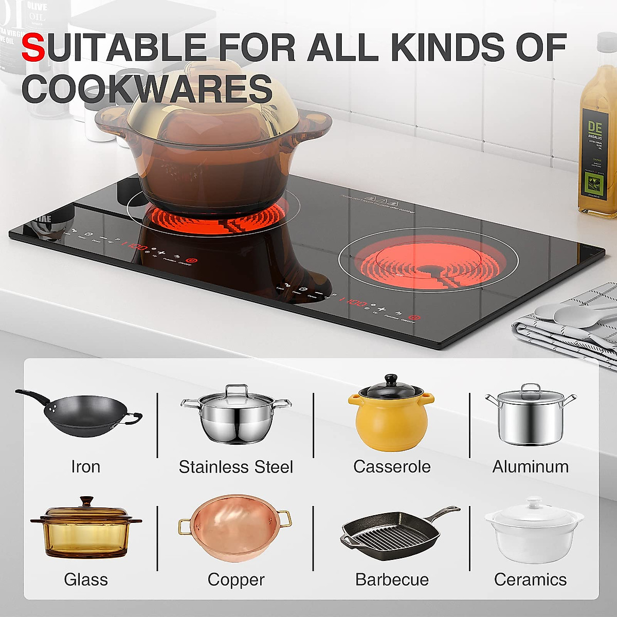 GTKZW Electric Cooktop 24 Inch,Electric Stove 2 Burners 110V Built-in and Countertop 2200W, LED Touch Screen, 9 Heating 9 Temperature, Overheat Protection, Kids Lock & Timer,Suitable for all Pans