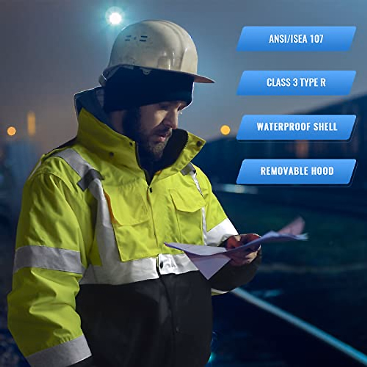 SKSAFETY High Visibility Reflective Jackets for Men, Waterproof Class 3 Safety Jacket with Pockets, Hi Vis Yellow Coats with Black Bottom, Mens Work Construction Coats for Cold Weather, 2XL, 1 Pack