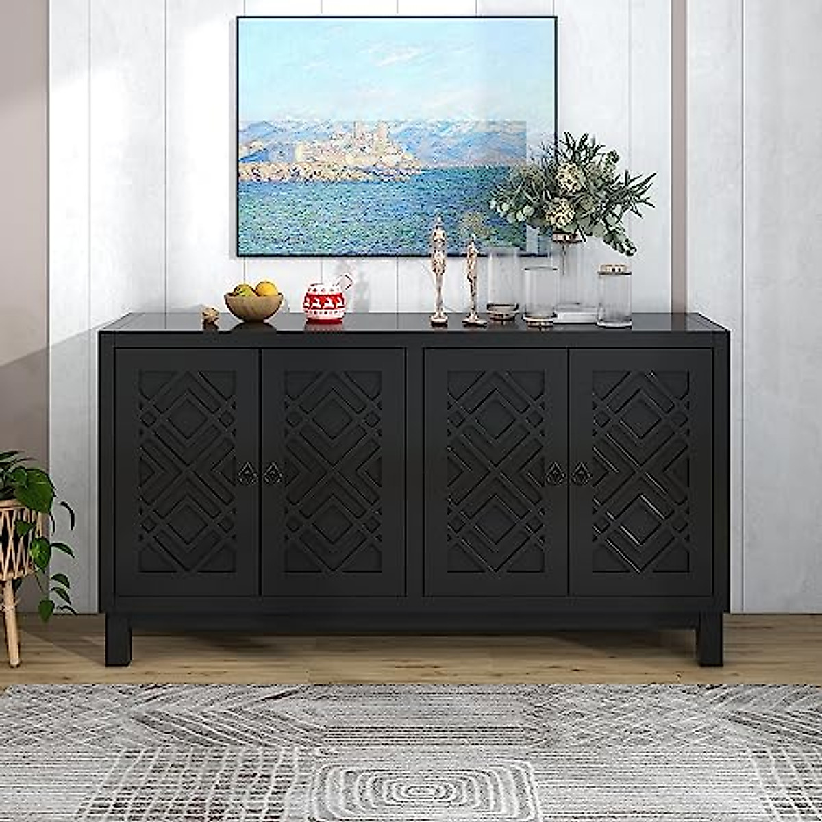 Wood Storage Cabinet, Large Storage Space Sideboard, 4 Door Buffet Cabinet with Pull Ring Handles for Living Room, Dining Room, Easy Assembly (Black)
