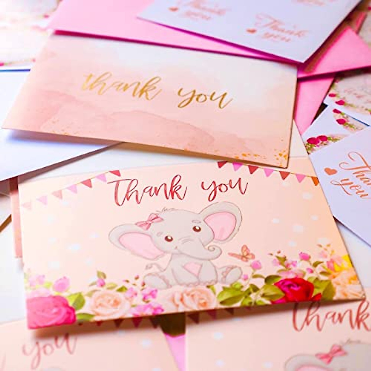 Baby Shower Thank You Cards - Set of 48 Cute Baby Thank You Cards with Envelopes and Stickers - Adorable 4x6 Small Blank Thank You Notes for Boy or Girl - Gold Floral and Pink Elephant Theme