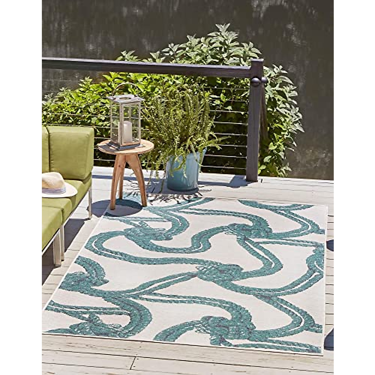 Unique Loom Outdoor Coastal Collection Area Rug - Tethered (7' 10" x 10' Rectangle, Ivory/ Navy Blue)