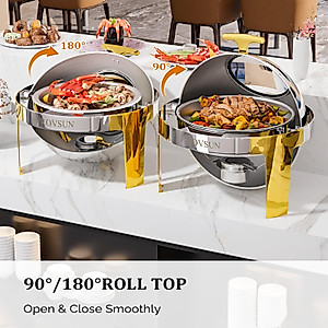 ROVSUN 6 Quart 2 Packs Round Chafing Dish Buffet Set Gold Accent, Stainless Steel Roll Top Chafer for Catering, Food Warmer with Glass Window for Party Wedding Catering Banquet Graduation Event