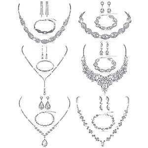 6 Set women Silver Jewelry Set Crystal Rhinestone Necklace Bracelet Teardrop Dangle Earrings Bridal Jewelry Set for Wedding(Classic Style)
