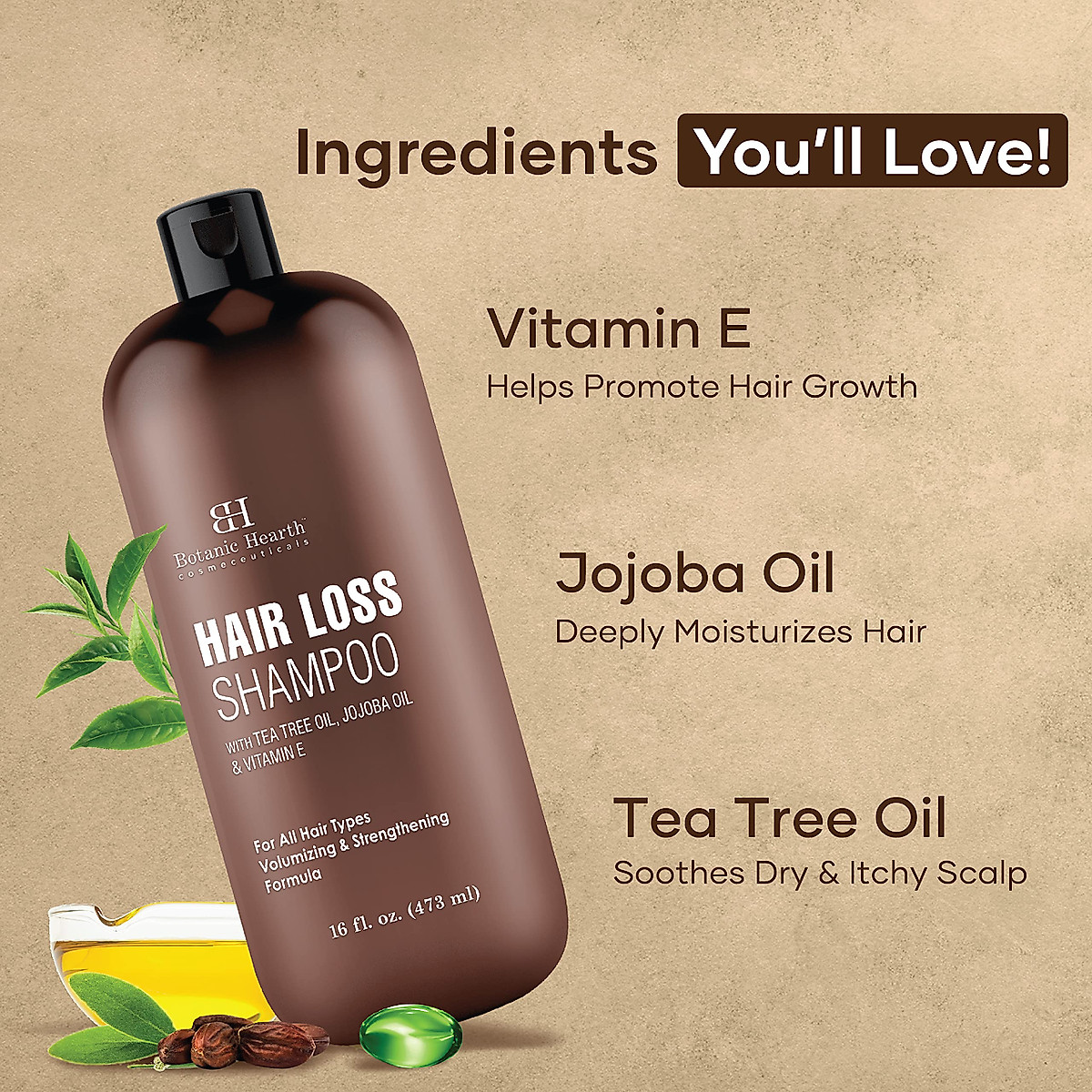 Botanic Hearth Hair Loss Shampoo | For Hair Growth | Volumizing & Thicking Formula | With Biotin, Tea Tree, Jojoba & Vitamin E | Sulphate Free | For Men & Women | 16 fl oz