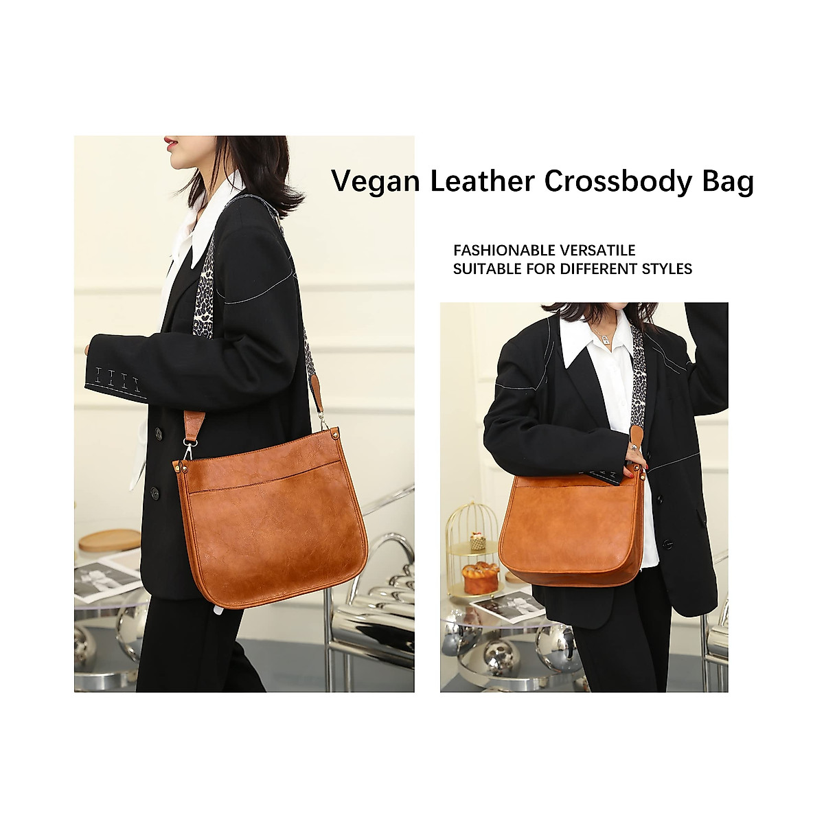 Wxnow Bucket Hobo Bags for Women Vegan Leather Purse Fashion Shoulder Bag Cross-body with Leopard Guitar Strap, Brown