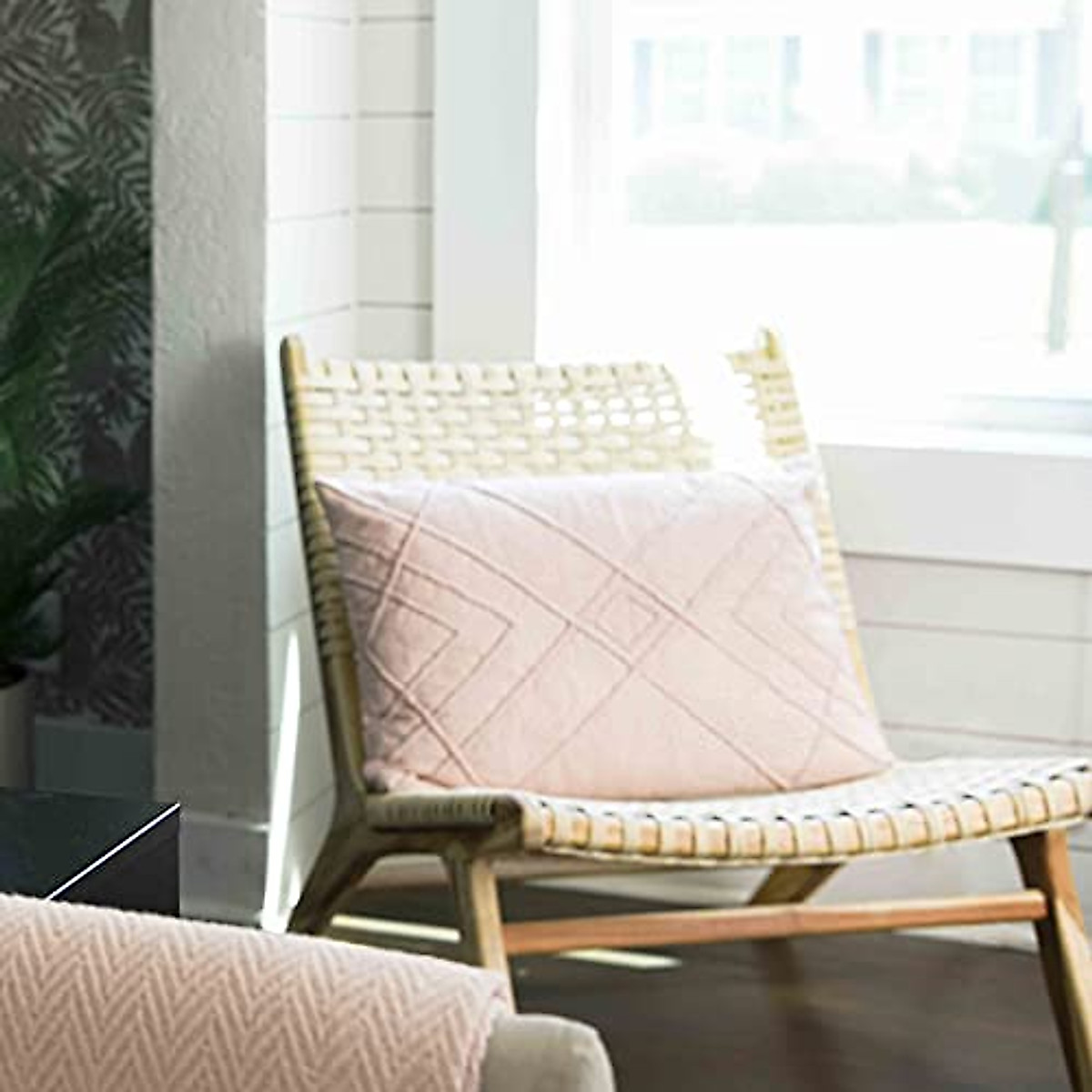 Main + Mesa Embroidered Cotton Geometric Lumbar Pillow, Blush