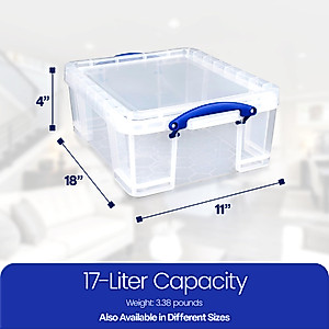 Really Useful Box 17 Liter Plastic Stackable Storage Container with Snap Lid & Built-In Clip Lock Handles for Home or Office Organization, Clear