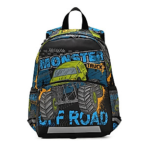Glaphy Green Monster Truck Kids Toddler Backpack for Boys Girls, Children Bag Preschool Bookbag with Chest Strap for Daycare Kindergarten Travel