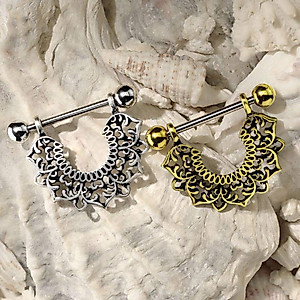 Covet Jewelry Filigree Flower Dangle 316L Surgical Steel Nipple Rings (Gold)
