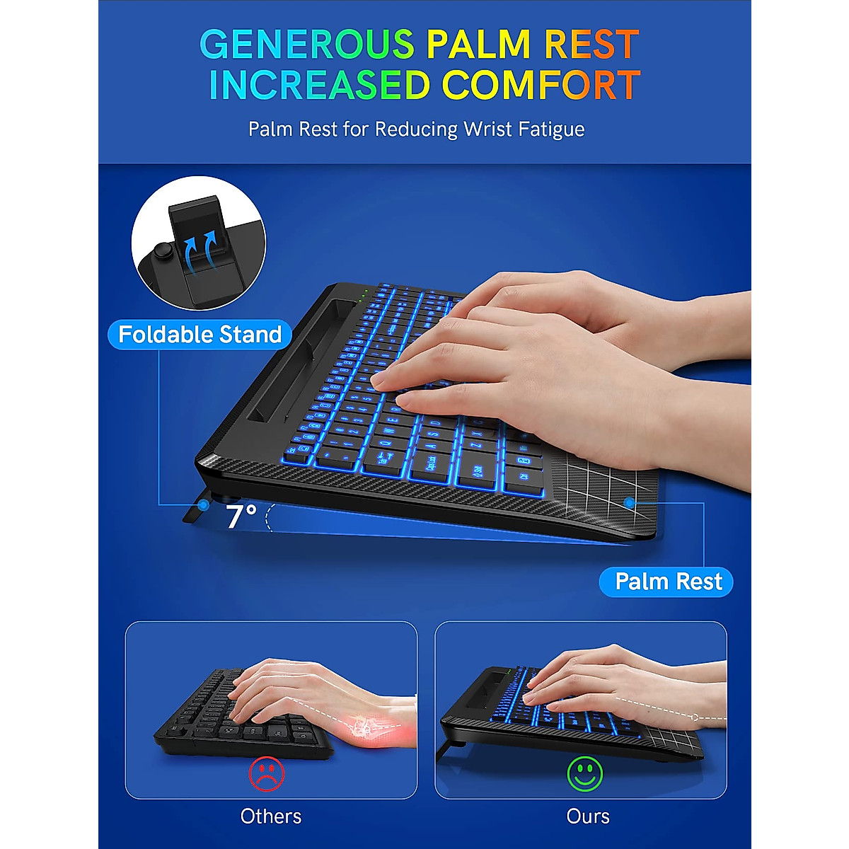 Wireless Keyboard with 7 Colored Backlits, Wrist Rest, Phone Holder, Rechargeable Ergonomic Computer Keyboard with Silent Keys, Full Size Lighted Keyboard for Windows, Mac, PC, Laptop (Black)