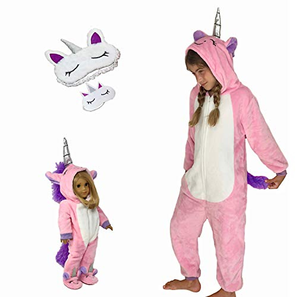 MY GENIUS DOLLS Unicorn Matching Onesie Pajamas and Sleepmasks - Fits Girl and 18 inch Doll Like American (Doll Not Included)