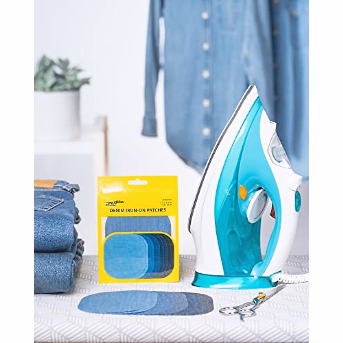 ZEFFFKA Premium Quality Denim Iron-on Jean Patches Inside & Outside Strongest Glue 100% Cotton Assorted Shades of Blue Black Repair Decorating Kit 10 Pieces Size 4-1/4" by 3-3/4" (9.8 cm x 10.8 cm)