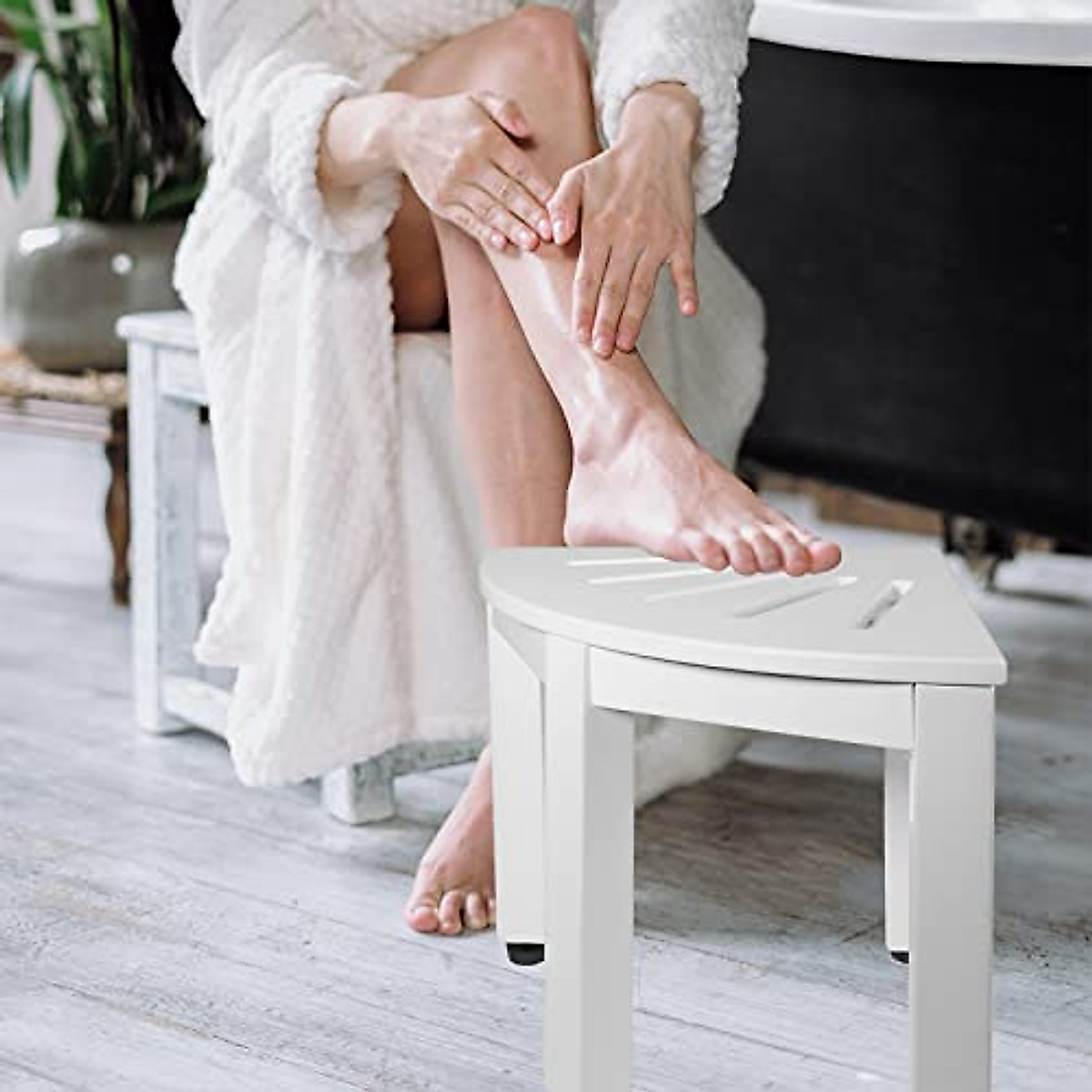 NNN 12" White Teak Shower Stool/Teak Shower Foot Rest/Shower Stool for Shaving Legs/Teak Shower Bench/Shower Stool for Inside Shower/White Corner Shower Stool, Suitable for Small Shower Spaces.
