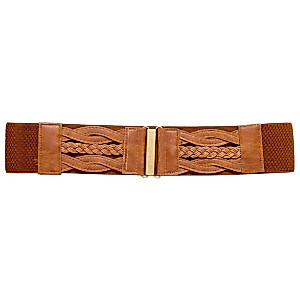eVogues Plus Size Braided Elastic Stretchy Retro Wide Waist Cinch Belt Brown - One Size Plus