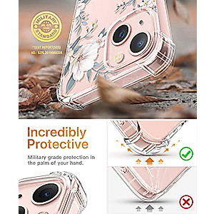 GVIEWIN Designed for iPhone 13 Case 6.1 Inch, with Tempered Glass Screen Protector + Camera Lens Protector Clear Flower Soft & Flexible Shockproof Floral Women Phone Cover（Magnolia/White）