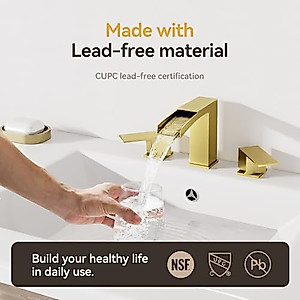 Phiestina 3 Hole 8 Inch Widespread Polished Gold Waterfall Bathroom Faucet with Metal Pop UP Drain and CUPC Water Supply Lines, NS-WF02-1-BG