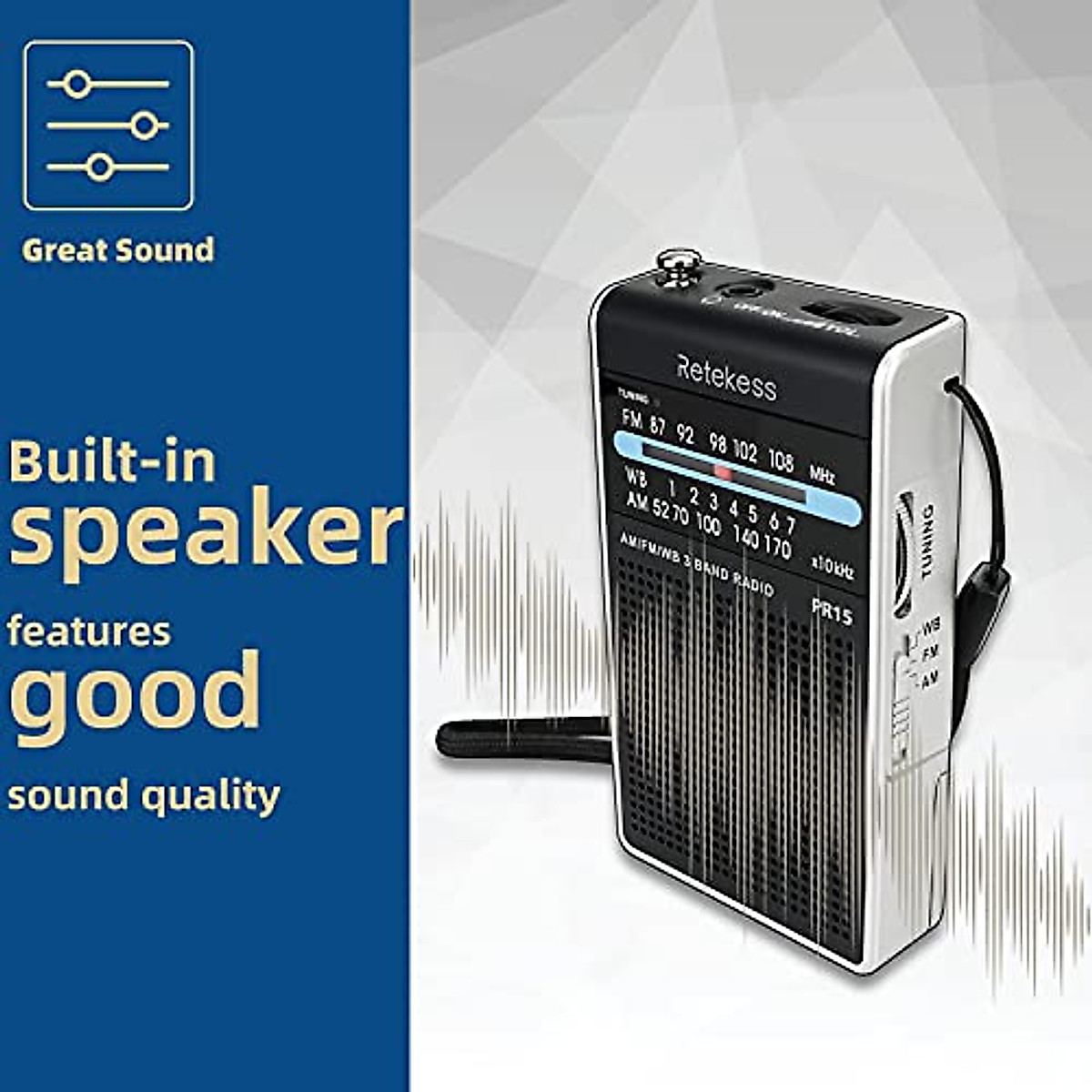 Retekess PR15 Pocket NOAA Weather Radio, AM FM Emergency Weather Radio Portable, Little Transistor Radio Powered by AAA Battery for Walking, Camping (Silver Black)