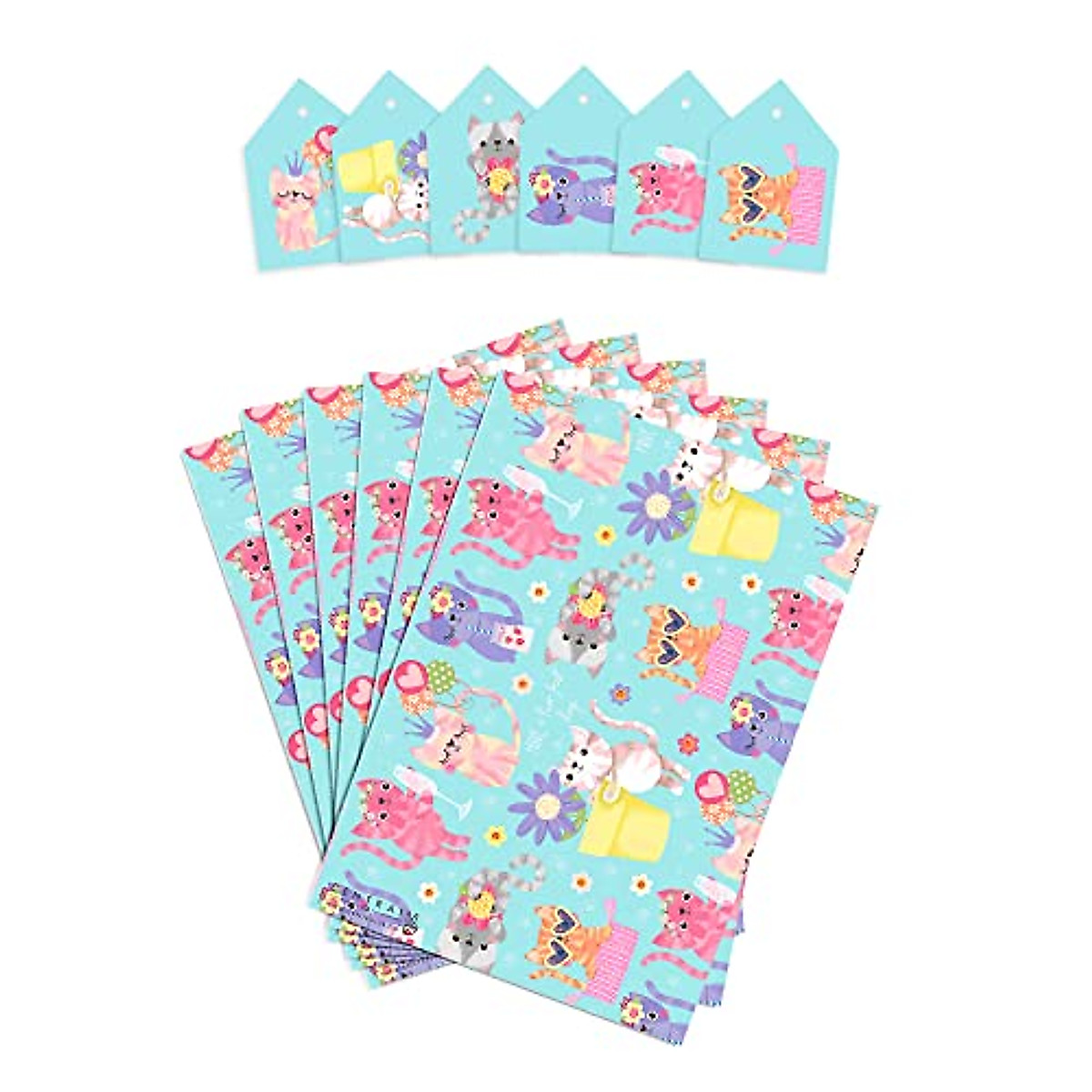 CENTRAL 23 Cat Wrapping Paper - 6 Sheets of Floral Birthday Gift Wrap - Girly Kittens - Kitty - For Kids Girls Women - Pastel - Fur Mom - Comes with Stickers - Recyclable
