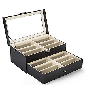 MyGift Deluxe Black Sunglass Storage Case - 12 Slot Eyewear Display Box with Glass Lid and Leatherette Trim