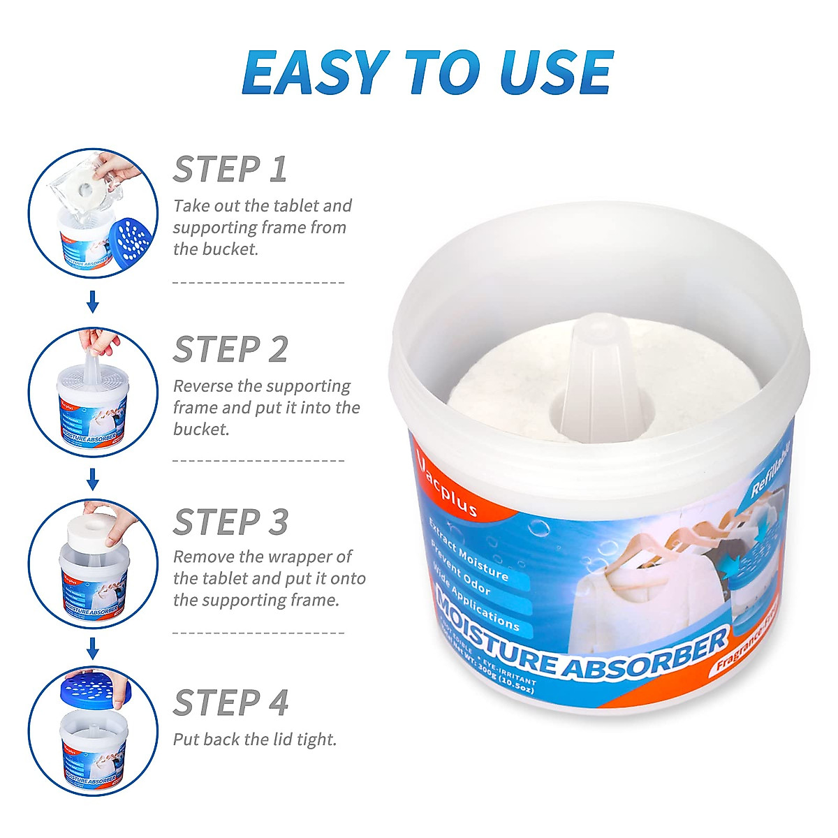 Vacplus Moisture Absorbers Dehumidifier Bucket -Unscented for Closet, Highly Absorbent for basements, bathrooms, boats, RVs, 10.5 OZ Replaceable, 6 PACK