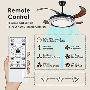 Mpayel 42" Retractable Ceiling Fan - Modern Retractable Ceiling Fan with Lights and Remote, Led Fan Light Fixture with Retractable Blades for Bedroom Living Room, Memory Function and Reversible, Black