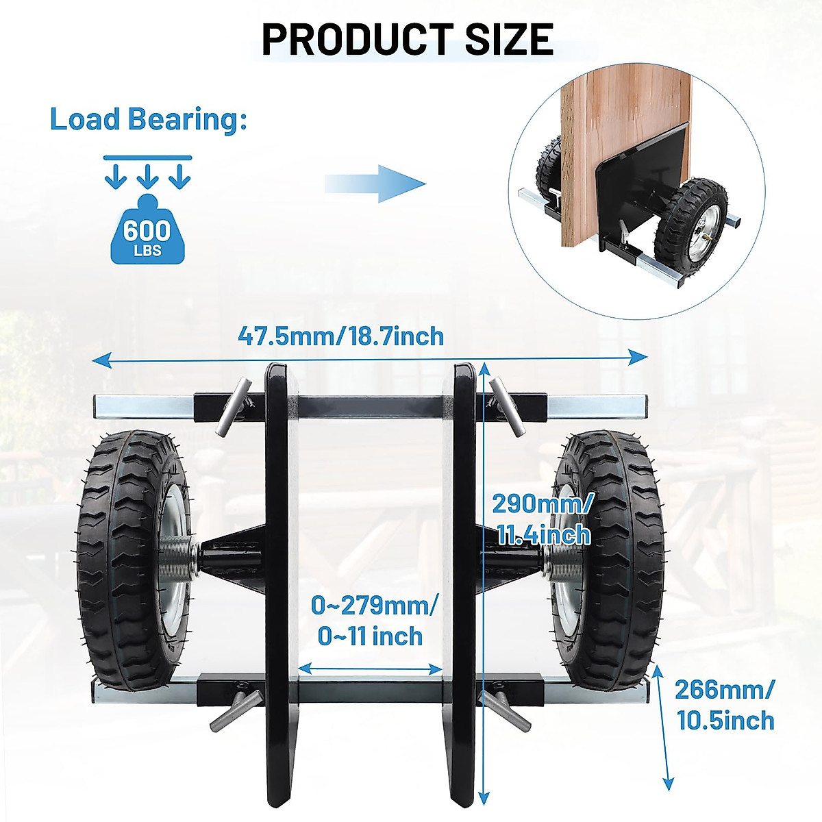 DBREAKS Heavy Duty Panel Dolly, Adjustable Door Dollys with Wheels, 8"Pneumatic Wheels, 600LBS Capacity All Terrain Moving Cart Panel Dolly for Drywall Sheet Heavy Appliance & Material Handling(Black)