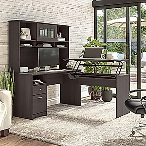Bush Furniture Cabot 60W Single Pedestal Desk with Sit to Stand Return and Hutch, Heather Gray