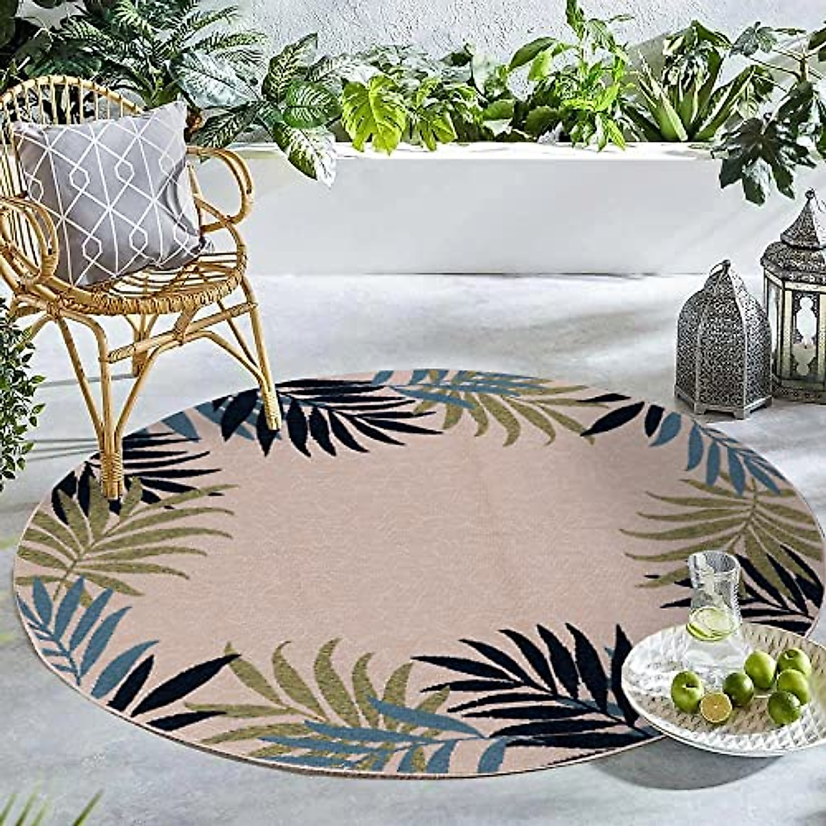 GAD Premium Indoor/Outdoor Patio Tropical Area Rug - Beige, Tan & Green Leaf Rug - Inside/Outside Stain & Fade Resistant Rug for The Porch, High Traffic Deck or Lanai (6'7" Round)