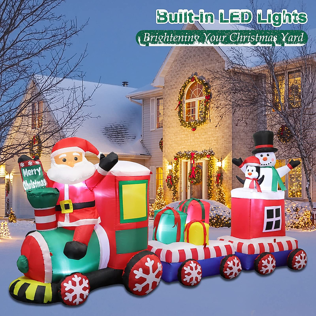 8 FT Christmas Inflatable Train with Santa Claus, Snowman, Penguin, Gift Boxes, Blow Up Yard Decorations with Built-in Lights, Lovely Xmas Train carriage for Holiday Display Lawn Garden Party Decor