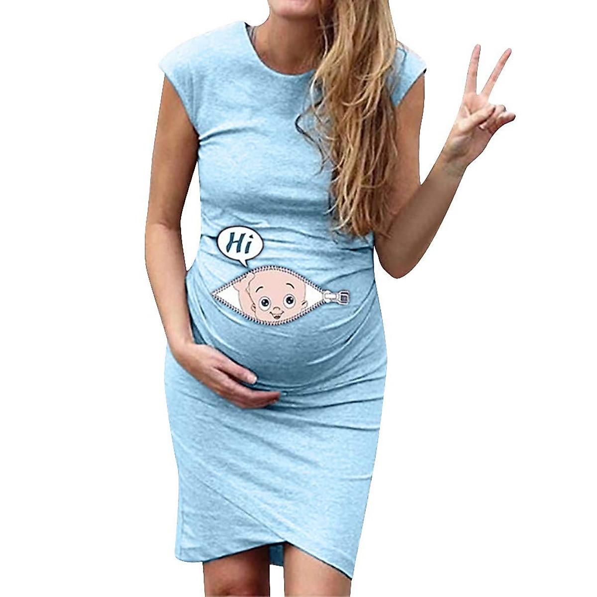 Lethez Women Maternity Bodycon Dress Sleeveless Pregnancy T-Shirt Dress Cartoon Letter Print Mini Dress (XL, Sky Blue)