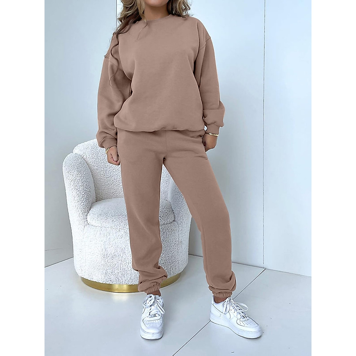 Alunzoem Tracksuit for Women Set Sweat Suit 2 Piece Pullover Solid Sweatshirt Long Pants Outfits Lounge Set Khaki M