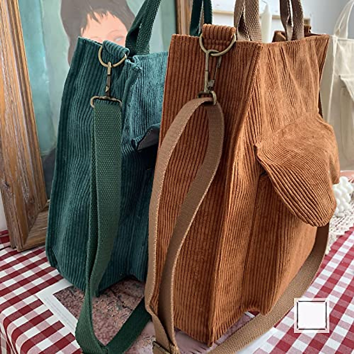 SUNAVY Women Corduroy Tote Bag, Girls Casual Shoulder Handbags Large Capacity with Zipper and Outer Pocket for School Library Travel (Brown)