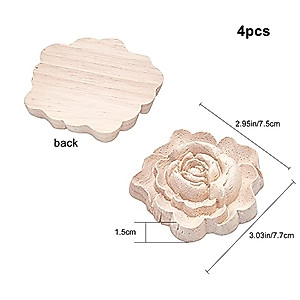 GORGECRAFT 4PCS Wooden Carved Onlay Appliques Rose Wood Carving Decal Molding Corner Craft Unpainted Furniture Applique Frame Flower Valentines Day Home Decoration for Dresser Bed Door Cabinet 3"x3"