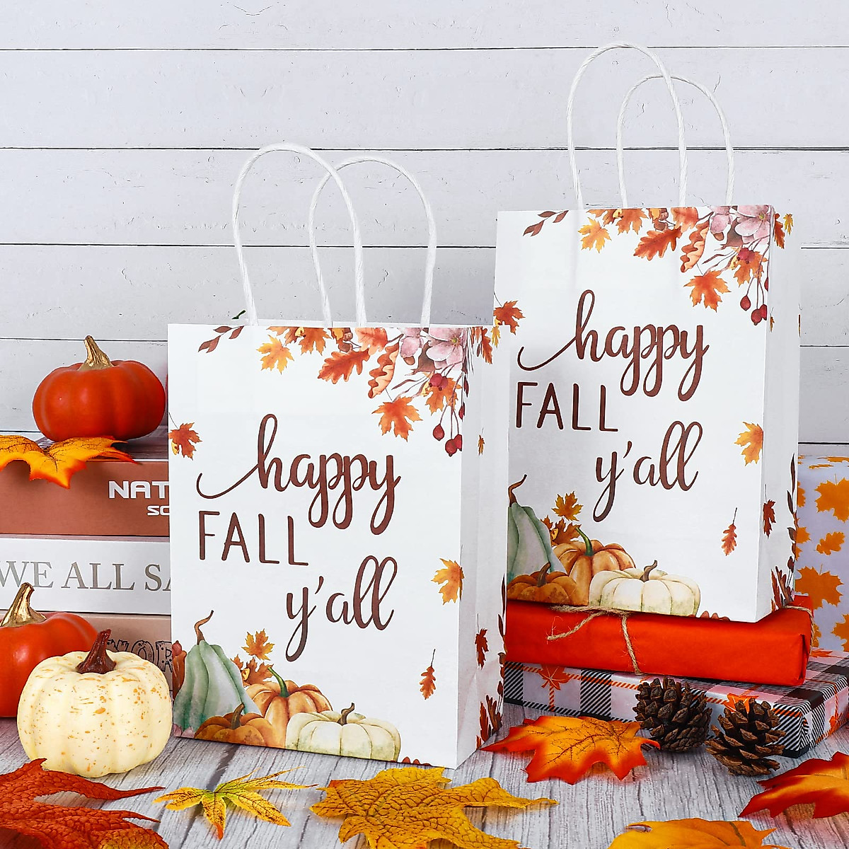 AnyDesign 16Pcs Happy Fall Y'all Gift Bags Autumn Maple Leaves Pumpkin Pattern Paper Bag with Handle for Thanksgiving Day Fall Themed Wedding Birthday Bridal Shower Party Favors, 5.9 x 8.3 x 3.2 Inch
