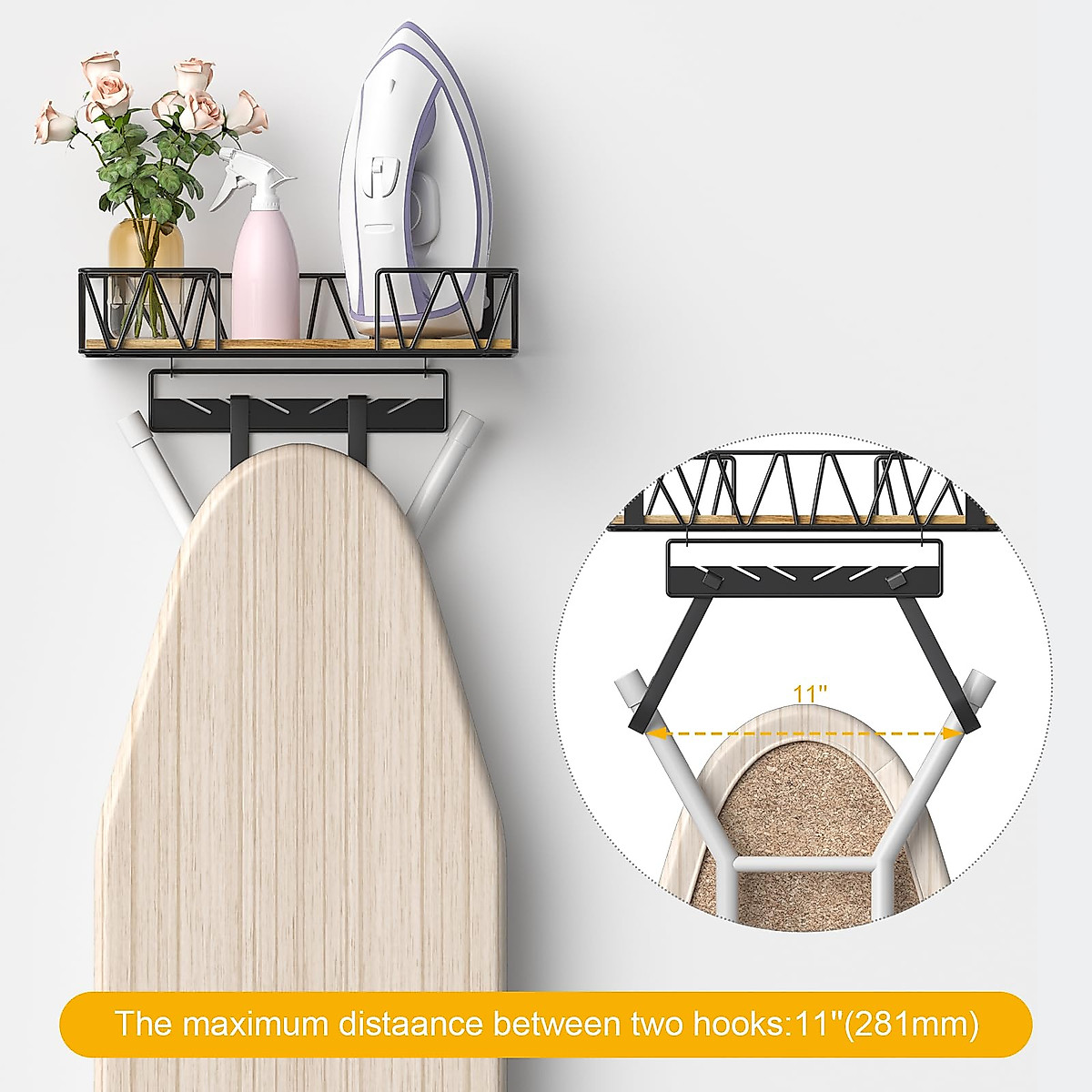 Tohomes Ironing Board Hanger Wall Mount, T& V Iron and Ironing Board Holder for Laundry Room, Iron Board Wall Mount with Large Storage Wooden Base Basket and Removable Hooks