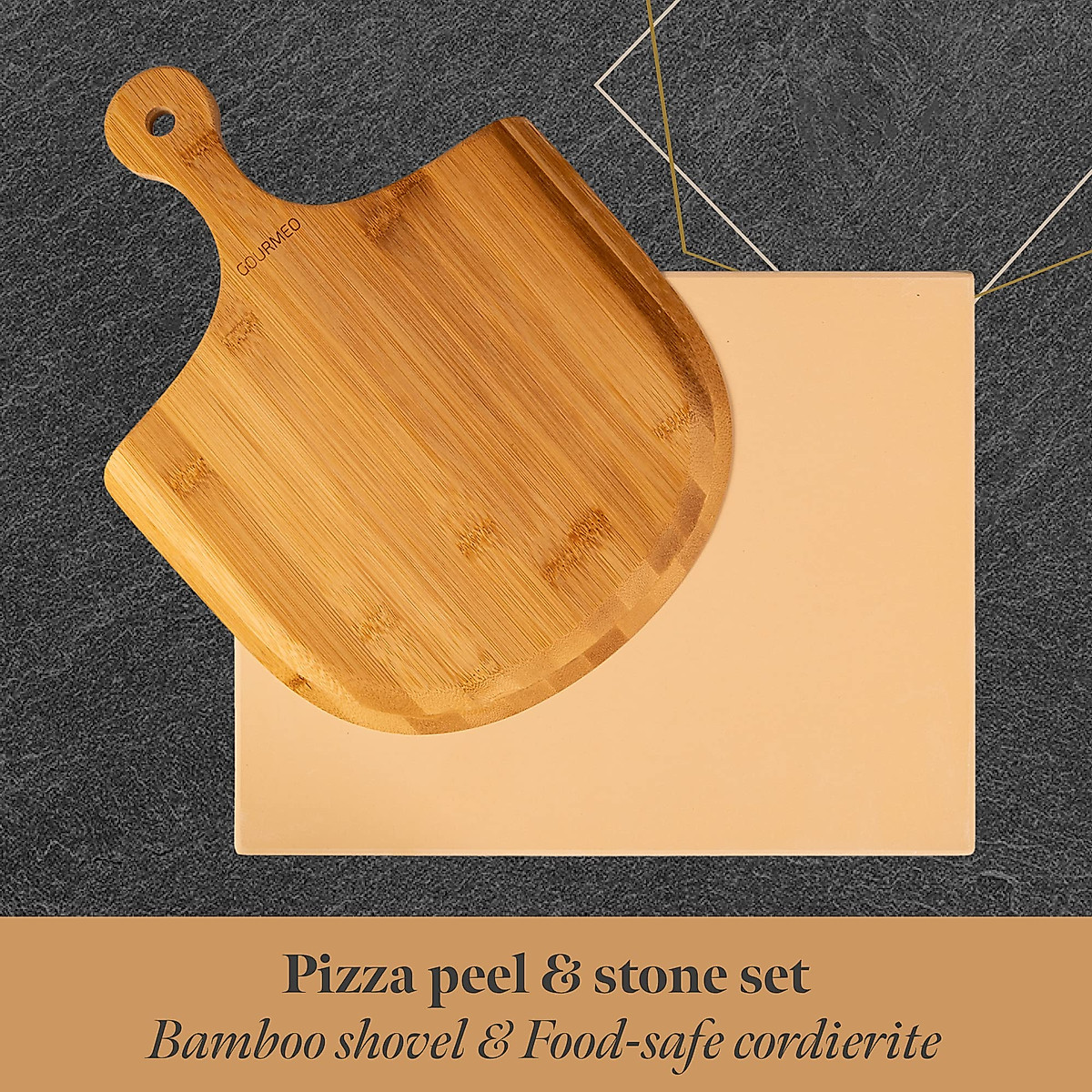 GOURMEO Pizza Stone Pan and Wooden Pizza Paddle - 15x11.8x0.6 inch - Cordiete Bread Beaking Stone w/Pizza Peel - Suitable for Oven & Grill