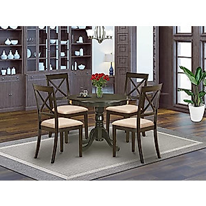 East West Furniture HLBO5-CAP-C 5 Piece Dining Room Furniture Set Includes a Round Dining Table with Pedestal and 4 Linen Fabric Upholstered Chairs, 42x42 Inch, Cappuccino