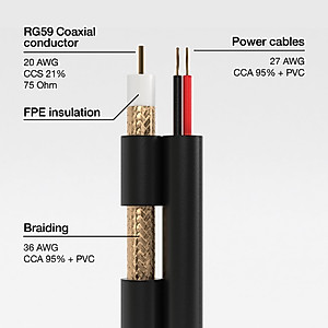 RG59 Siamese Cable 300ft - Coaxial CCTV Video & Power Cable - Combo Coax 20AWG Security Camera Wire - Direct Burial - Outdoor & Indoor RG59 Cable
