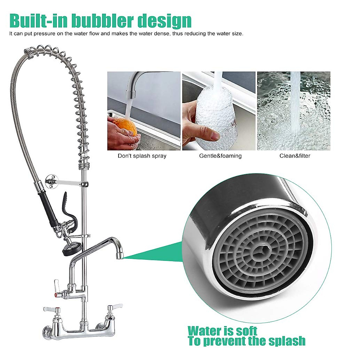 CWM Commercial Sink Faucet with Sprayer-43 Inch Commercial Kitchen Faucet 8 Inches Center Wall Mount Pre Rinse Faucet with 12 Inches Add on Spout