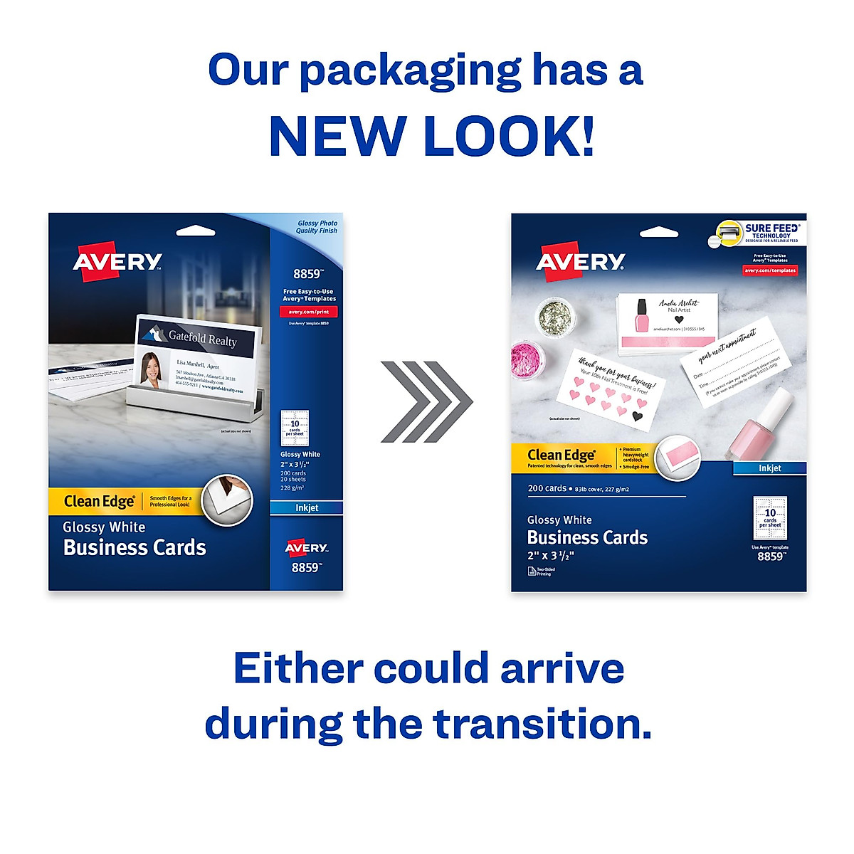 Avery Clean Edge Printable Business Cards with Sure Feed Technology, 2" x 3.5", Glossy White, 200 Blank Cards for Inkjet Printers (8859)